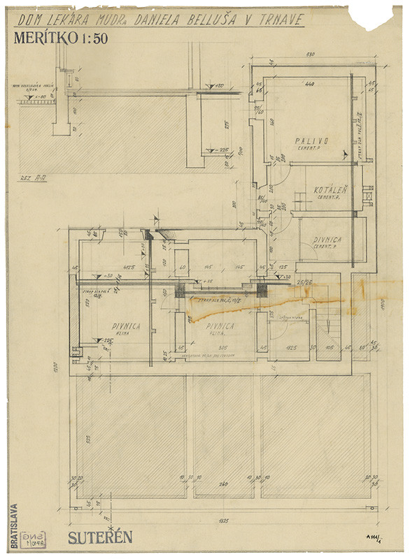 Emil Belluš - Rodinný dom dr. Daniela Belluša. Pôdorys suterénu a rez ...